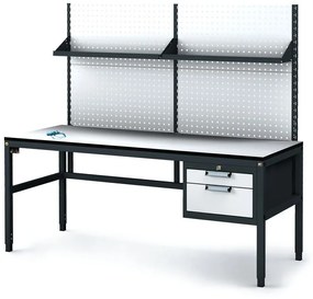 Antistatický dílenský ESD stůl s perfopanelem a policemi, 2 zásuvkový box na nářadí, 1800x800x745-985 mm