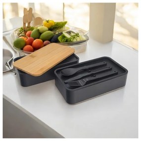 Svačinový box DUO LUNCH s příborem, černý/bambus