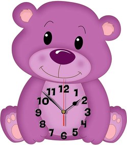 Nástěnné dětské dřevěné hodiny 30x33cm Medvídek fialový
