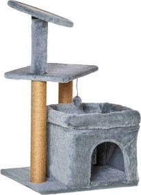 PawHut Kočičí Škrabadlo s Jutovými Sloupky, Domečkem a Polštářem, Plyšové Pokrytí, Výška 84 cm, Šedé | Aosom