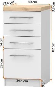 Spodní kuchyňská skříňka se šuplíky INEZ - 40 cm - bílá/dub craft zlatý
