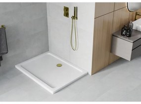 Obdélníková sprchová vanička MEXEN FLAT SLIM 120x100 cm bílá + zlatý sifon