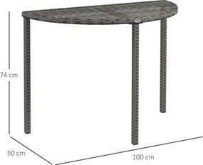 Outsunny půlkruhový balkonový stolek 100 x 50 x 74 cm zahradní stolek z polyratanu a kovu šedý pro terasu a balkon | Aosom.de