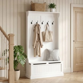 HOMCOM věšák na kabáty s botníkem a lavičkou, organizační prvek do předsíně, s 5 háčky a úložným prostorem, 96x34x179,7cm, slonová kost