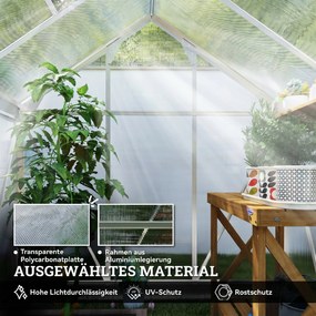 Outsunny hliníkový skleník 2,51 m² — 190 × 132 × 201 cm s pozinkovaným podstavcem, střešním větráním, posuvnými dveřmi, 4 mm UV-odolnými polykarbonát…