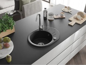 Mexen Kevin, granitový dřez 586x458x190 mm, 1-komorový, černá - stříbrná metalíza, 6517581005-73