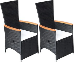 vidaXL Nastavitelné zahradní židle 2 ks s poduškami polyratan černé [47683]