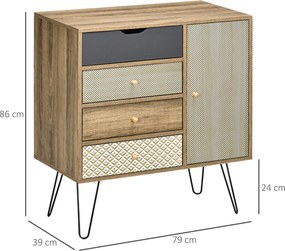 HOMCOM Úložná skříň s 4 zásuvkami a 1 skříňkou - Nohou v stylu hairpin - Boho styl - 79 x 39 x 86 cm Hnědá