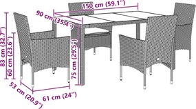 5dílný zahradní jídelní set s poduškami černý polyratan a sklo 3278539