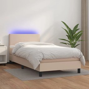 Box spring postel matrace a LED cappuccino 90x190 cm umělá kůže