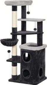 PawHut Kočičí škrabadlo 148 cm s dvoupatrovou jeskyní, 2 postýlky, houpací síť, sisalový sloupek, 3 míčky, tmavě šedá