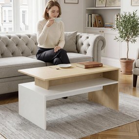 HOMCOM Dvoubarevný konferenční stolek, centrální nábytek s posunutým odkládacím prostorem, přírodní dřevo a bílá