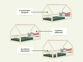 Benlemi Nízká postel domeček SAFE 8v1 ze dřeva se zábranou Zvolte barvu: Nelakovaná, Zvolte rozměr: 90x160 cm, Zvolte zábranu: S jednou zábranou