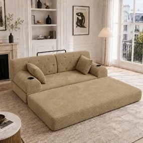 Aosom Dvojitá stlačená manšestrová pohovka, kovový rám, 2 držáky na nápoje a 4 boční kapsy, 168D x 80Š x 81V cm, khaki