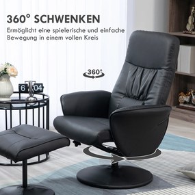 Relaxační křeslo s podnožkou, polohovací TV křeslo 145°, otočné 360°, umělá kůže, černé