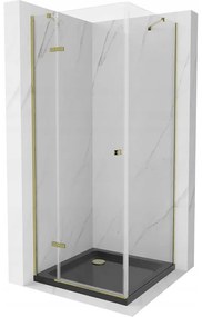 Mexen Roma sprchový kout s otočnými dveřmi 90 x 90 cm, Průhledné, Zlatá + sprchová vanička Flat, Černá - 854-090-090-50-00-4070G