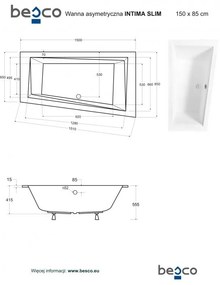 BESCO Asymetrická vana INTIMA SLIM Nožičky k vaně - S nožičkami, Rozměr vany - 160 × 90 cm, Způsob provedení - Pravé - VANINTI16SLIMP+OLVPINOZSTELI