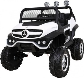 Ramiz Mercedes Benz Unimog elektrické autíčko pro děti bílé + pohon 4x4 + dálkové ovládání + nosič zavazadel + pomalý start + MP3 + LED