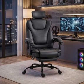 HOMCOM ergonomické herní křeslo, sklopné herní křeslo z umělé kůže, výškově nastavitelné, 2D opěrka hlavy, černá