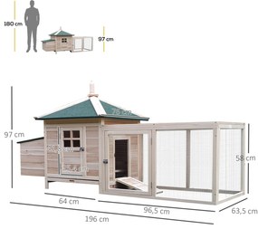 PawHut bantamový kurník s výběhem a hřady, zimní kurník z borovicového dřeva, hnízdní box pro křepelky, 196 x 76 x 97 cm | Aosom.de