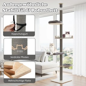 Costway 236-271 cm vysoké stropní škrabadlo s houpací sítí a košem a postelí