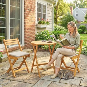 Outsunny Balkonový nábytek set 3-dílný FSC dřevo skládací zahradní nábytek set s kulatým stolem 2 židle sedák polštář prodyšný lamelový sedák