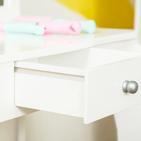 HOMCOM Dětský toaletní stolek s taburetem, triptychem zrcadel a posuvným zásuvkou - Rozměry toaletního stolku 63D x 40Š x 85,5V cm - Bílý akryl