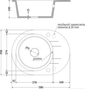 Mexen Kevin, granitový dřez 586x458x190 mm, 1-komorový, černá-zlatá metalíza s černým sifonem, 6517581005-75-B