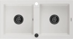 Mexen Mario, granitový dřez 820x436x161 mm, 2-komorový, bílá s černým sifonem, 6504822000-20-B