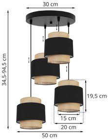 Závěsné svítidlo Boho, 4x jutové/černé textilní stínítko, o