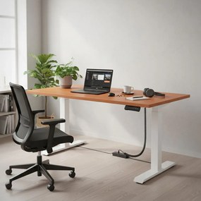 Výškově nastavitelný stůl OfficeTech D, 140 x 80 cm, bílá podnož, třešeň