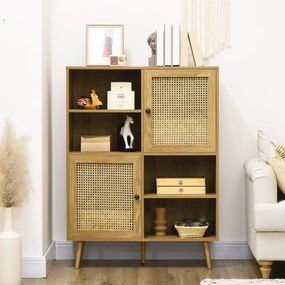 HOMCOM Buffetová skříňka s nohami z dřeva a ratanu se 2 dveřmi a 4 přihrádkami - rozměry 90L x 32,5W x 120H cm