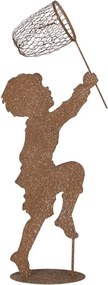 Rezavá kovová dekorace chlapec se síťkou a motýlkem - 33*13*88 cm