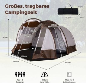 Costway Tunelový stan pro 4-6 osoby Vodotěsný s velkou předsíní a ventilačními