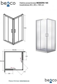 BESCO Čtvercový sprchový kout MODERN 185 BARVA rámu - Chrom/Leštěný hliník (ALU), Rozměr A - 80 cm, Rozměr B - 80 cm, Rozměr C - 185 cm, Směr zavírání - Univerzální Levé / Pravé, Výplň - Fume bezpečnostní sklo - 6 mm BCMOD80CTVERCG