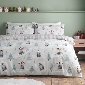 Flanelové povlečení na jednolůžko v přírodní barvě 135x200 cm Brushed Christmas Penguins – Catherine Lansfield