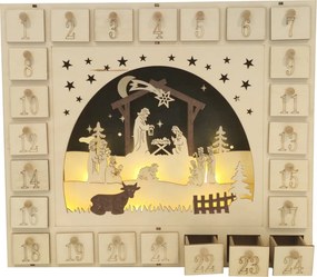 LED adventní kalendář, betlém a hvězdy, dřevěný, 39 × 33,5 × 7 cm, na 2× AA