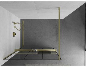 Mexen Kioto+, sprchová zástěna Walk-In s poličkou a věšákem 110 x 200 cm, 8mm čiré sklo černý vzor, ​​zlatý matný profil, 800-110-121-55-77