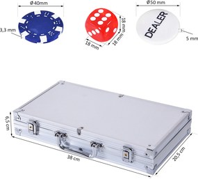 Sada pokerových kufříků HOMCOM s 300 žetony, 2 balíčky karet a 5 kostkami v hliníkovém kufříku, ideální pro kasinové večery, 38x20,5x6,5cm