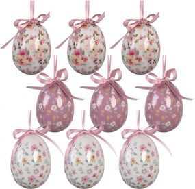 9ks dekorace bílo-růžové závěsné vajíčko s květy Spring Egg - Ø 5*8 cm