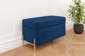Tmavě modrá čalouněná lavice dancan borgo s úložným prostorem, na zlatých kovových nohách