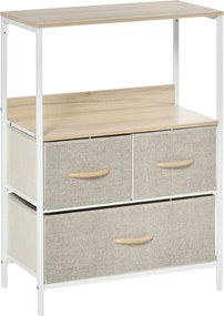 HOMCOM Úložná Skříň s 3 Textilními Zásuvkami, Policí a Horní Deskou, Malá Boční Skříň - 58D x 29Š x 81,5V cm - Přírodní a Bílý Kov