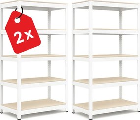 Regál 183x90x40 cm lakovaný 5-policový, nosnost 1000 kg, RIVET - bílý - 2ks