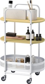 HOMCOM Utility vozík s kolečky - 3-úrovňový kuchyňský vozík se zásuvkou a policemi, nosnost 30 kg, 49,5x32,5x82,5 cm, bílý a přírodní dřevo | Aosom