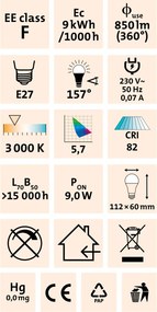 žárovka LED klasická, 9W, 800lm, E27, teplá bílá