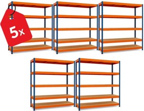 Akce 5x Regál 3120x160x50 cm profesionální 5-policový, nosnost 1500 kg - modro-oranžový