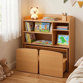 Costway Dětský regál 3 v 1 se stolkem a židlí, přírodní