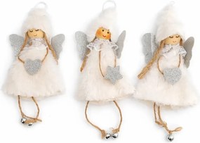 Sada vánočních ozdob andílků 11,5 cm, bílá, dřevo, příze
