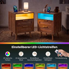 Costway Noční stolek s nabíjecí stanicí a LED světly s 2 zásuvkami s přírodním