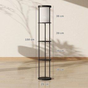 HOMCOM Stojací lampa s 3 policemi, kulatý design, dálkové ovládání, nožní spínač, nastavitelná teplota světla, pro obývací pokoj, černá